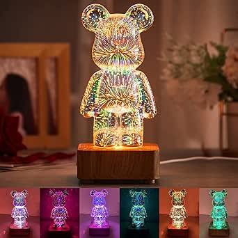 Asslye 3D Fireworks Bear Night Light 8 Colours Changing LED Bear Lamp ...