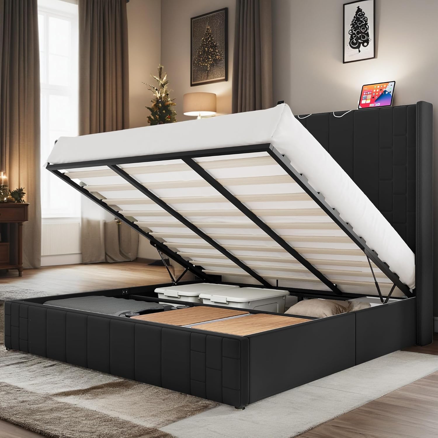 Amazon.com: DWVO Queen Size Lift Up Storage Bed Frame with Type-C & USB ...