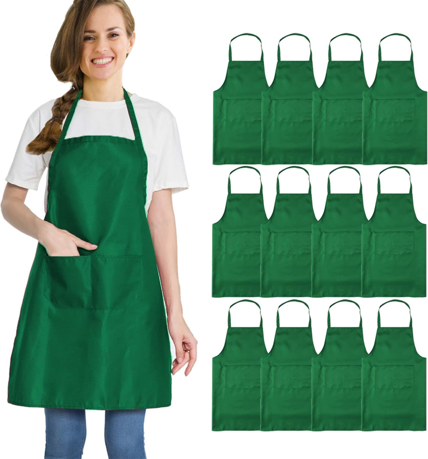 Amazon.com: DUSKCOVE 12 Pack Plain Bib Aprons with 2 Pockets - Green ...
