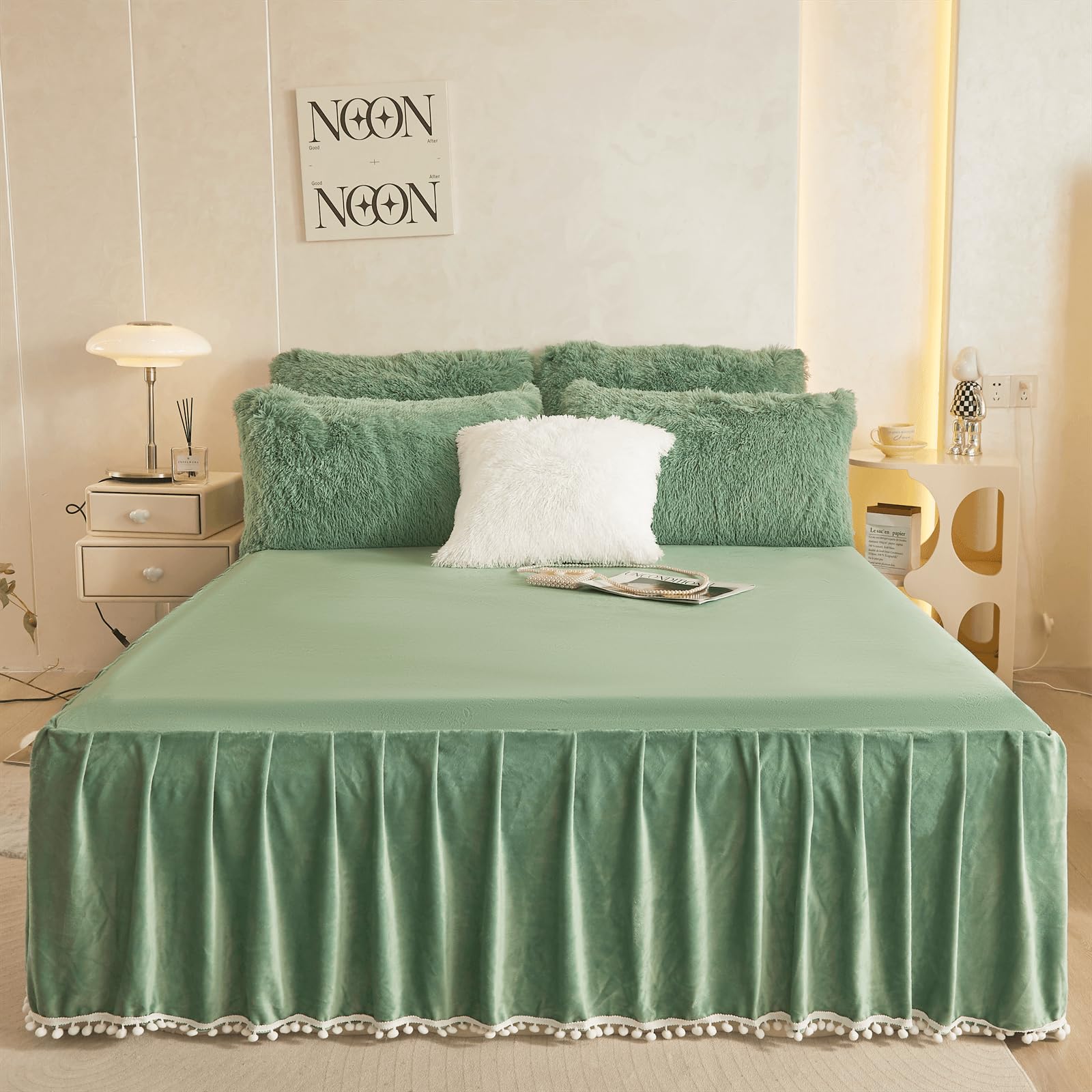 Snapklik.com : Pom Pom Velvet Bed Skirt, 22 Inch Drop Dust Ruffle Bed ...