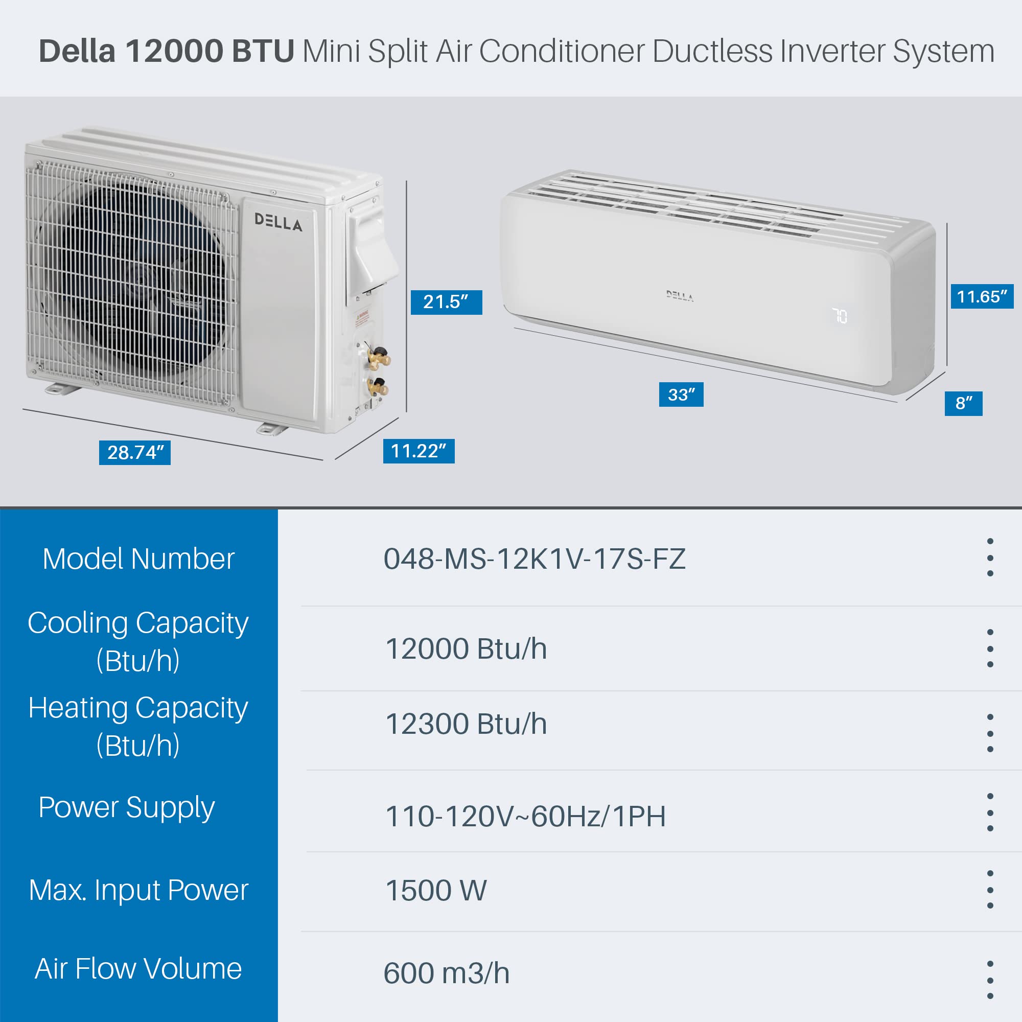 Buy DELLA 12,000 BTU Wifi Enabled Mini Split Air Conditioner & Heater ...