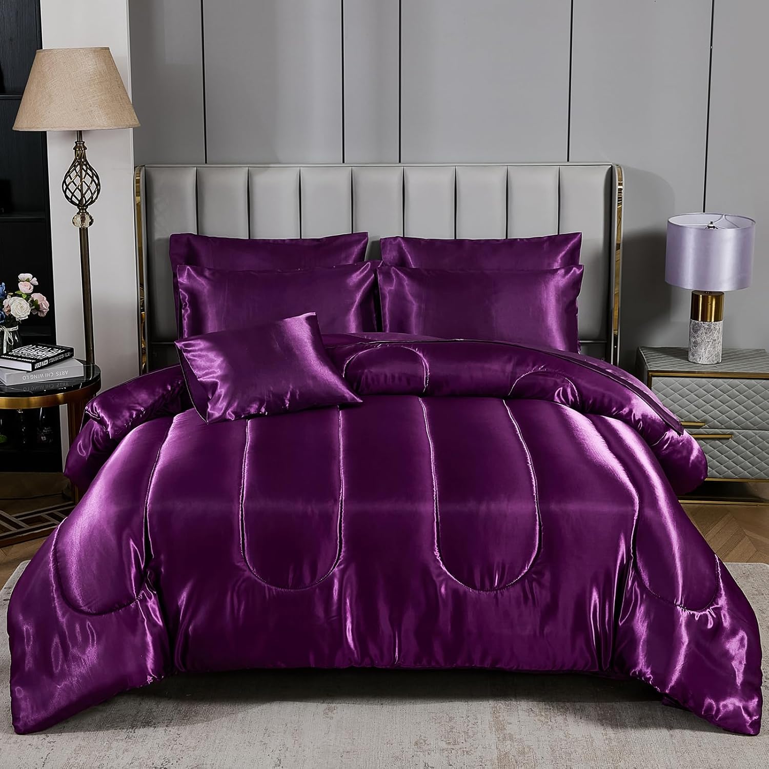 Amazon.com: Satin Comforter Set with Sheet Set Full Silk Like Satin Bed ...