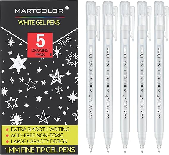 Amazon.com: MARTCOLOR White Gel Pens, 5 Pack, 1 mm Extra Fine Point Gel ...
