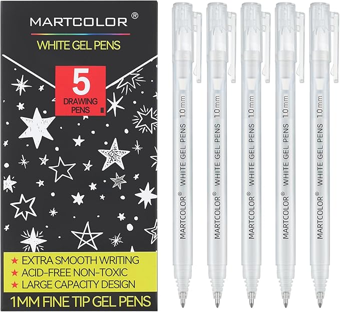 Amazon.com: MARTCOLOR White Gel Pens, 5 Pack, 1 mm Extra Fine Point Gel ...