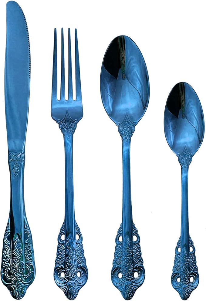 Amazon.com | JANKNG Mirror Polished Blue Silverware Set, 24-Piece 18/10 ...