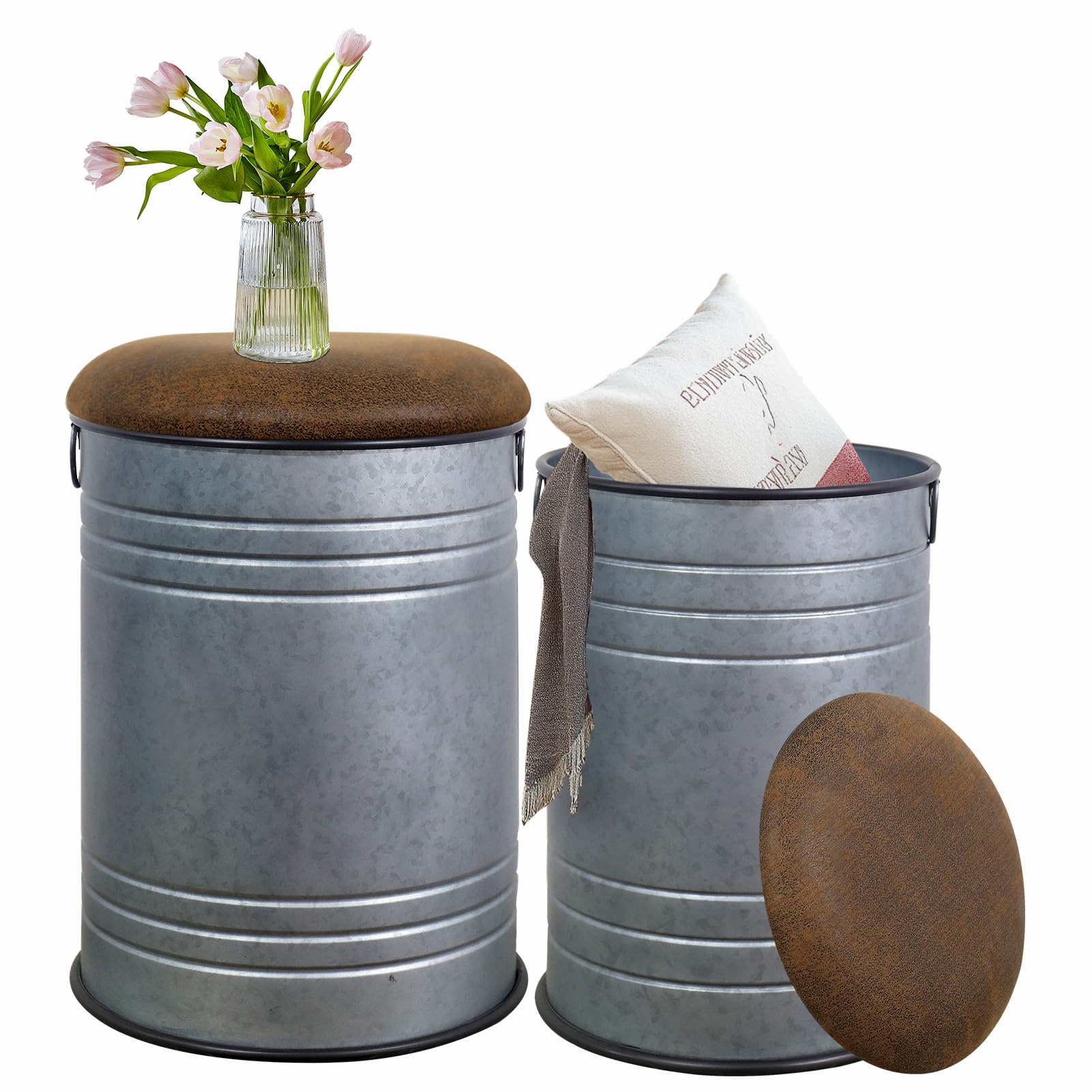 Amazon.com: G-LEAF Metal Barrel Ottoman Storage Stool Set of 2, Rustic ...