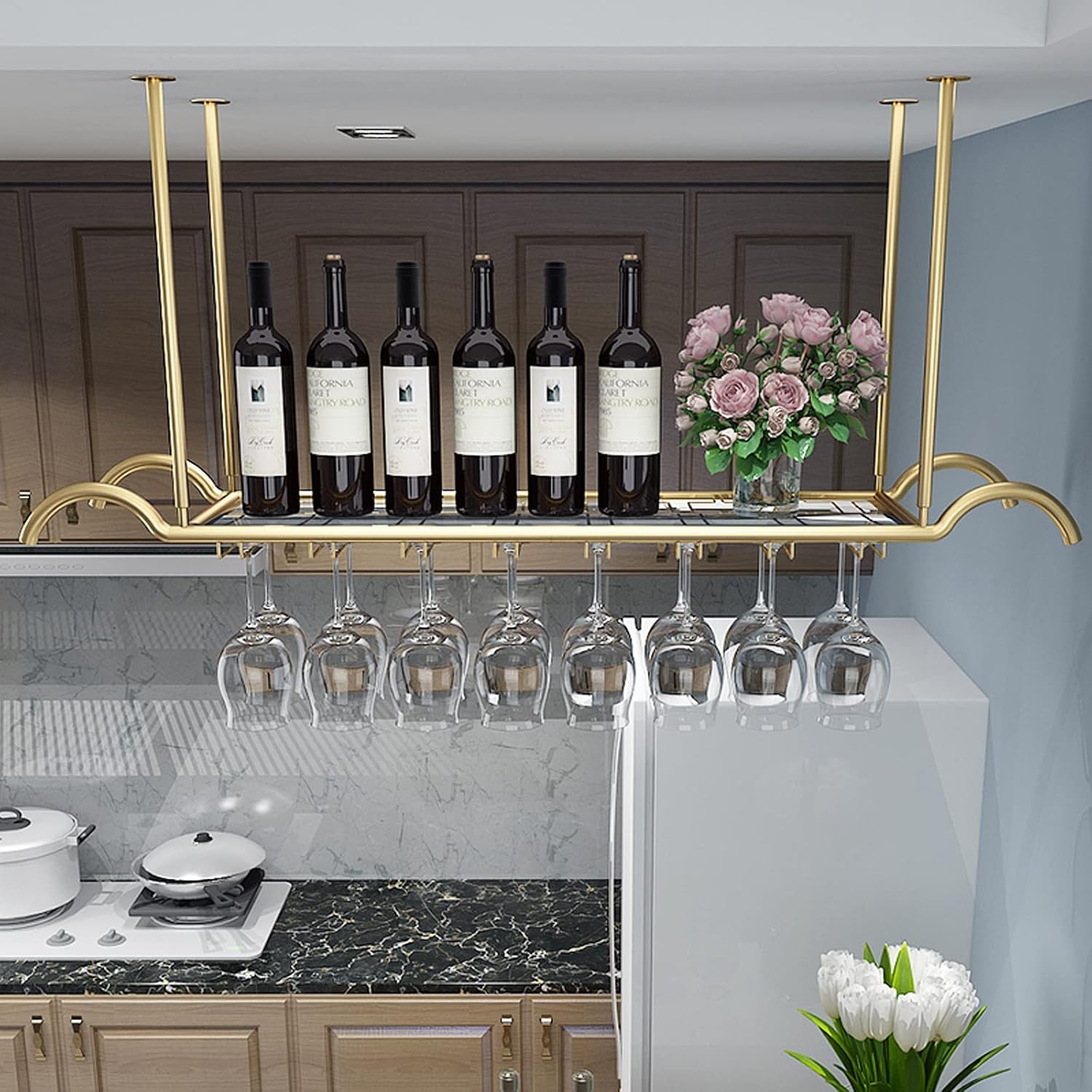 LOLOBFZL Ceiling Shelf Wine Glass Rack, Metal Wine Shelf with Glass ...