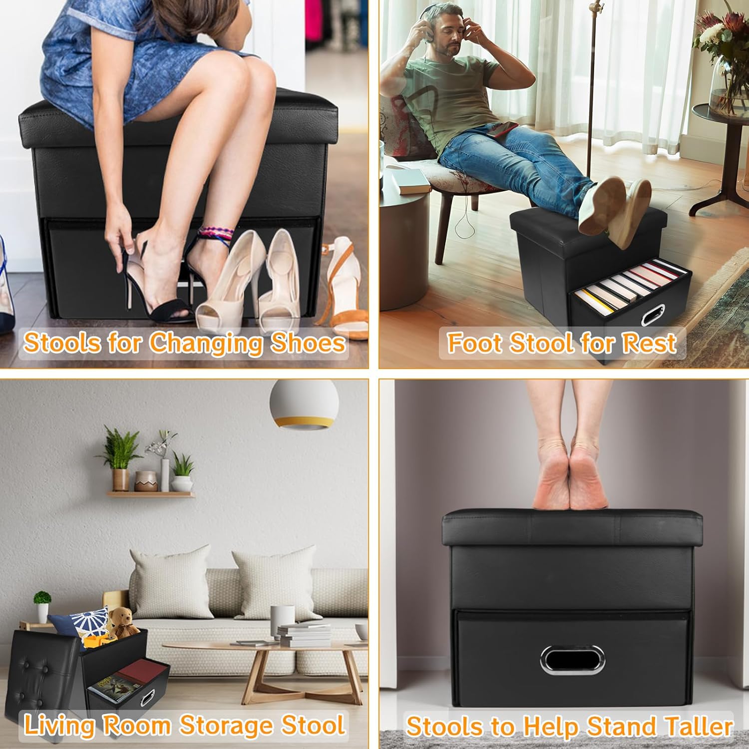 VewePata Folding Storage Ottoman with Drawers. 17 inches Leather ...