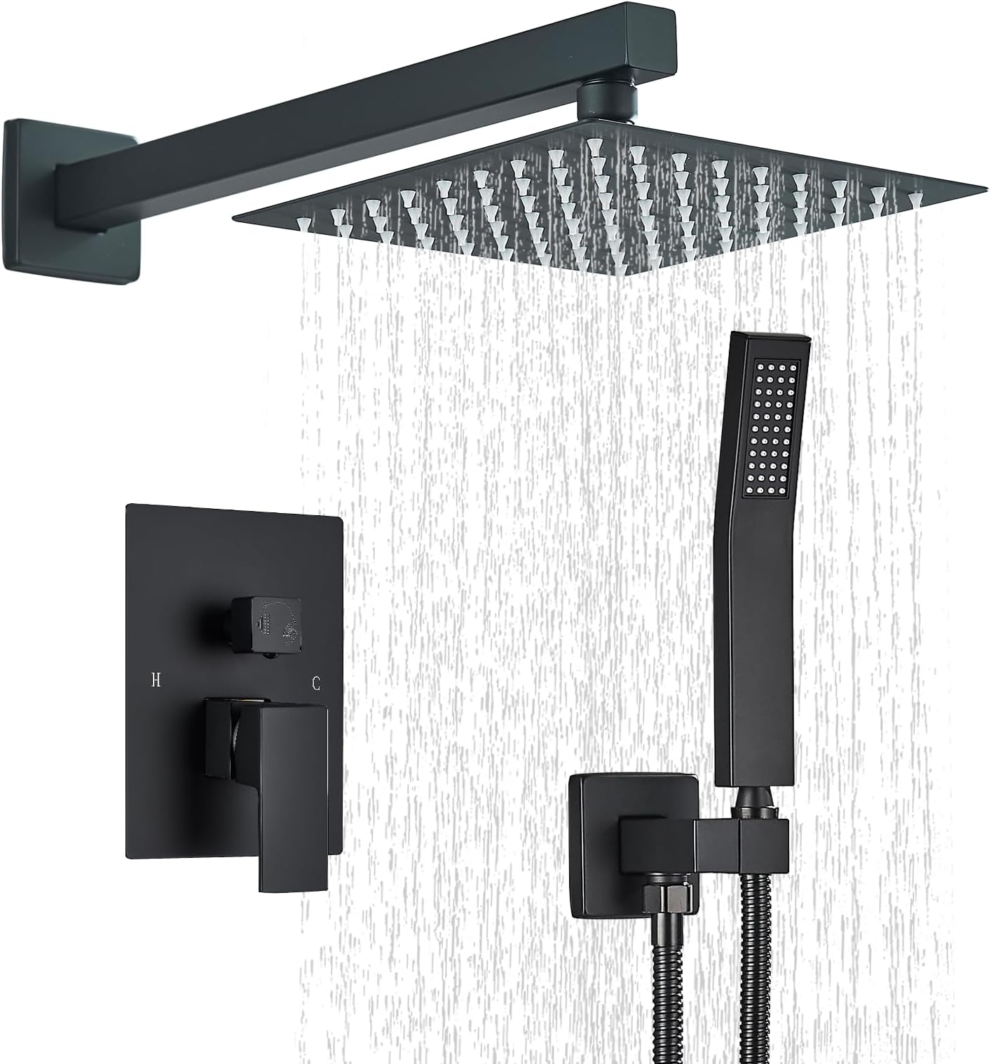 SR SUN RISE Black Square Rainfall Shower Head and Handle Set, Wall ...