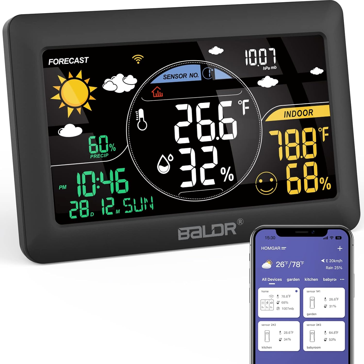 BALDR 2.4 GHz WiFi Weather Station with Outdoor Sensor, 7.5 Inch VA ...
