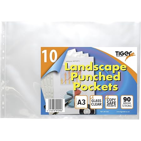 Tiger A3 landscape punched pockets 80 micron top opening x 10 : Amazon ...
