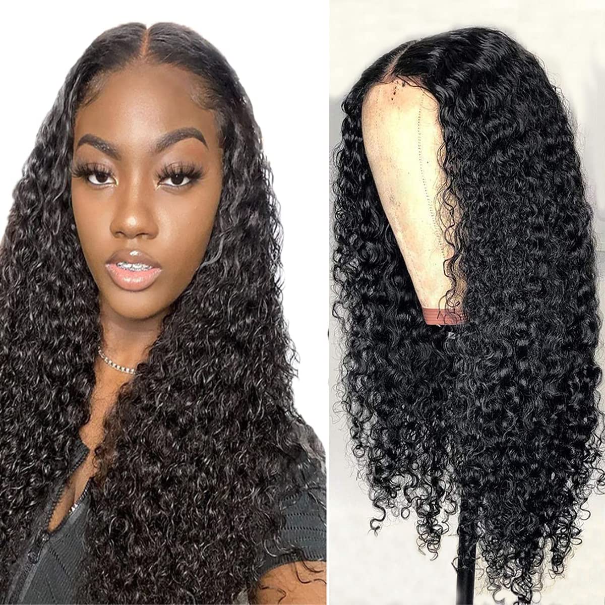 Amazon.com : YiweYowe Curly Wave Wig Human Hair Brazilian Remy Hair ...