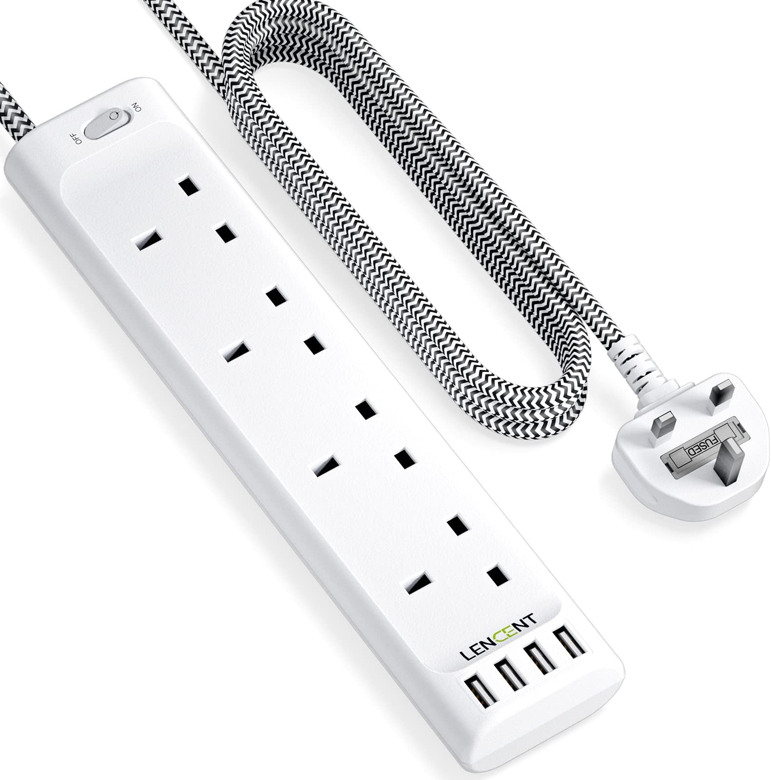 LENCENT Extension Lead with USB Slots, 4 Way Outlets Power Strip with 4 ...