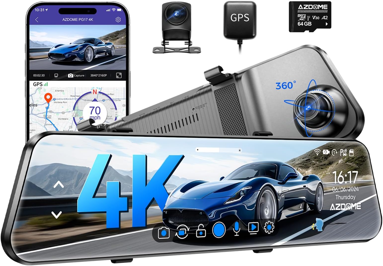 Amazon.com: Jelkuz 12" 4K Rear View Mirror Camera with WiFi 2160P Dash ...