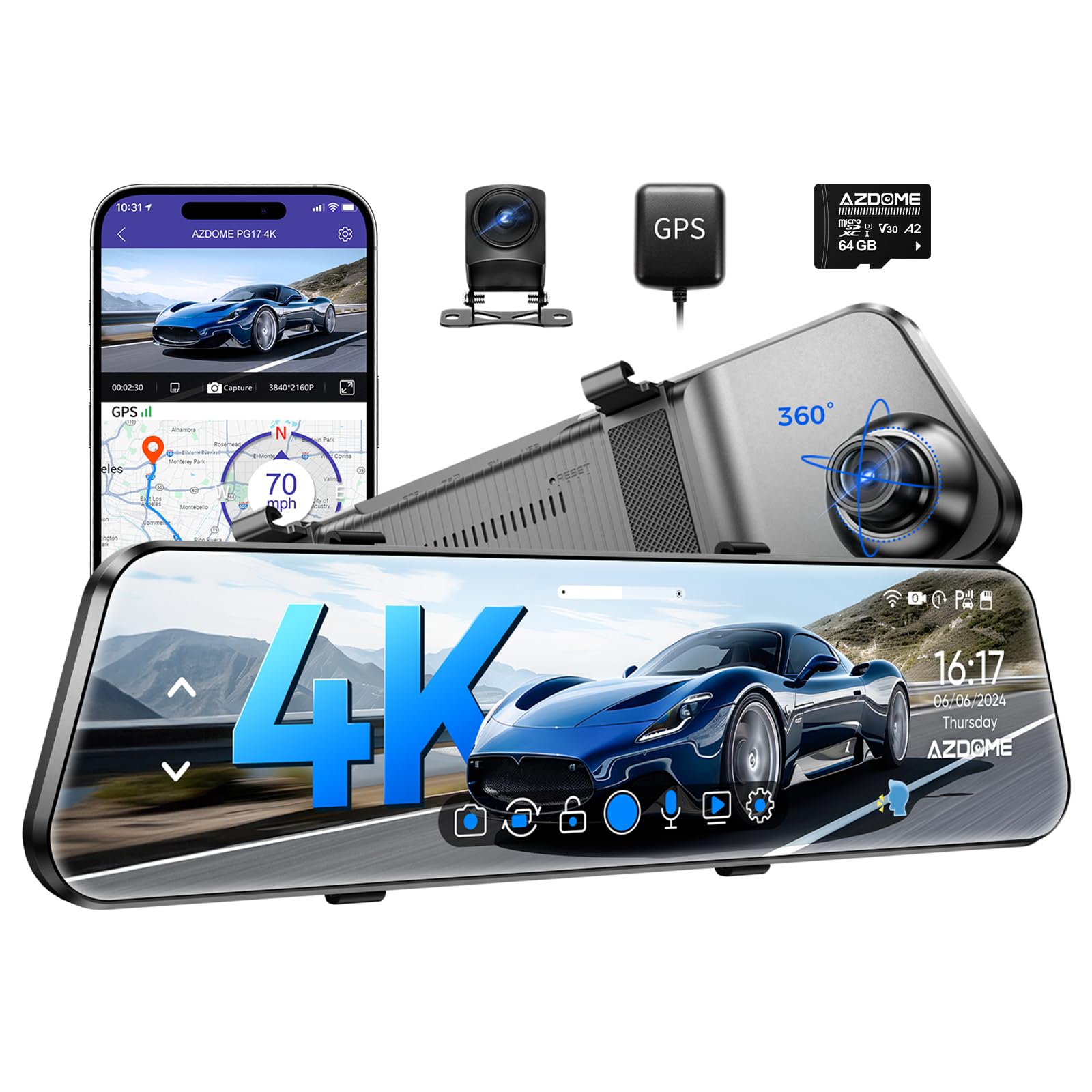 Amazon.com: AZDOME PG17 4K 12" Mirror Dash Cam Front and Rear, WiFi Rear View Mirror Camera with ...