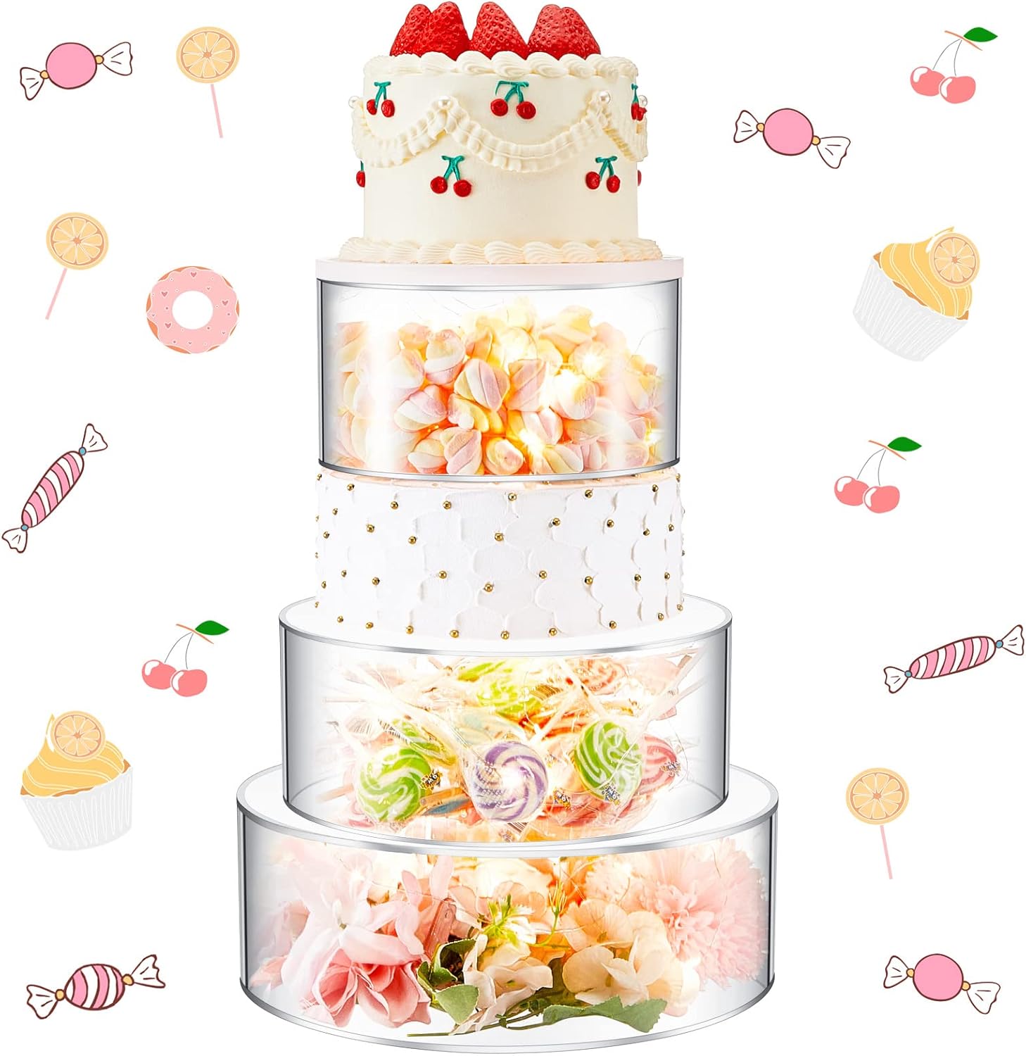 Sintuff 3 Pcs Acrylic Cake Stand with LED Lights Clear Fillable Cake ...