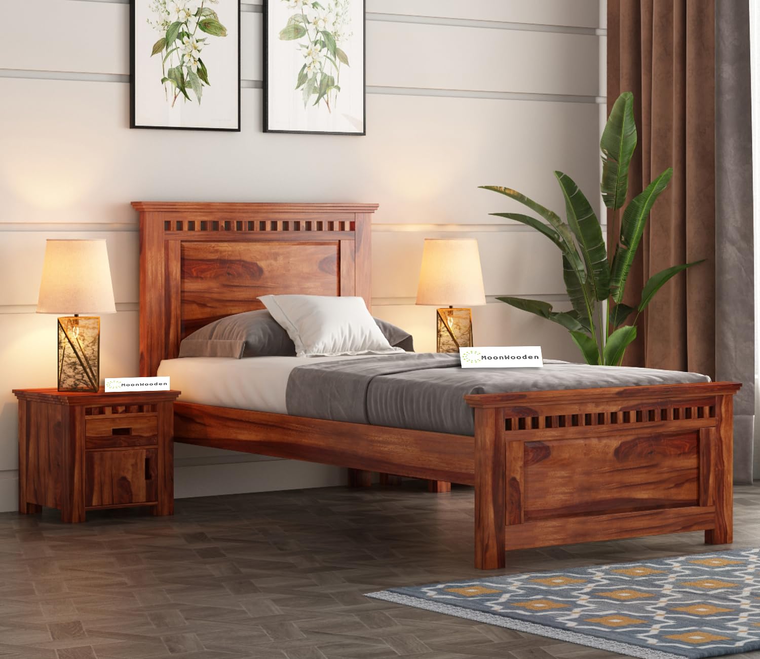 MoonWooden Solid Sheesham Wood Single Size Bed Without Storage for Bedroom Living Room Home ...