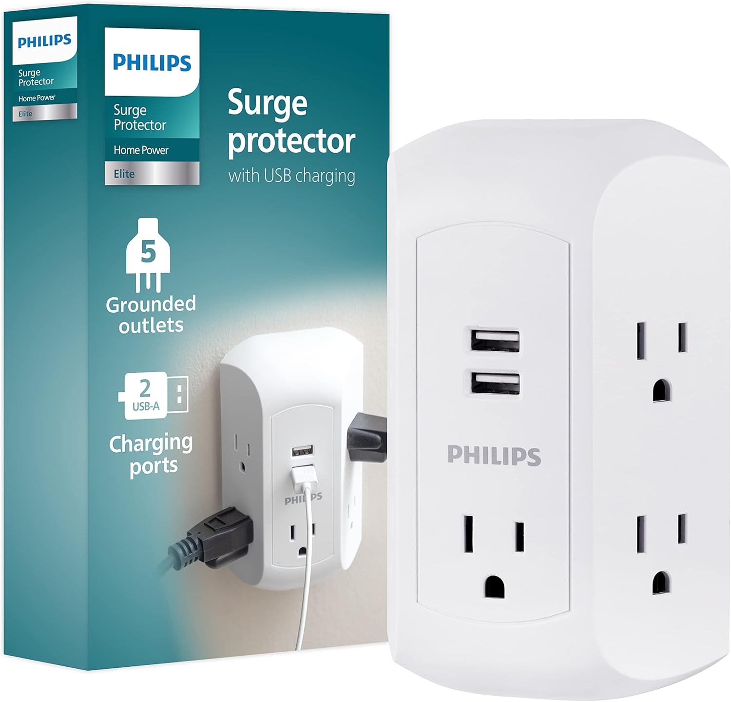 Brandclub - Philips 5-Outlet Extender, Grounded Wall Tap, 3-Prong, 2 ...