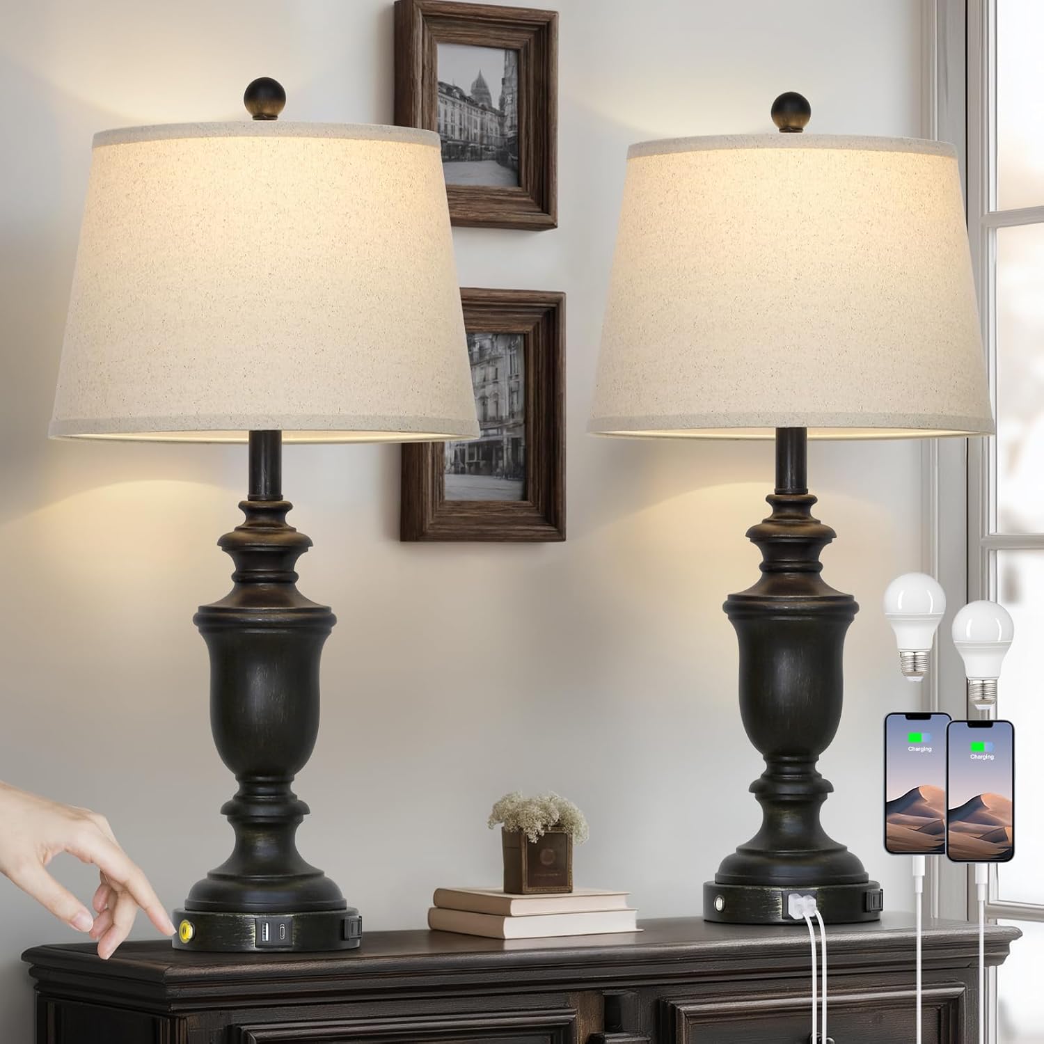 Cinkeda 26" Black Table Lamps Set of 2 with USB C+A Ports & AC Outlet ...