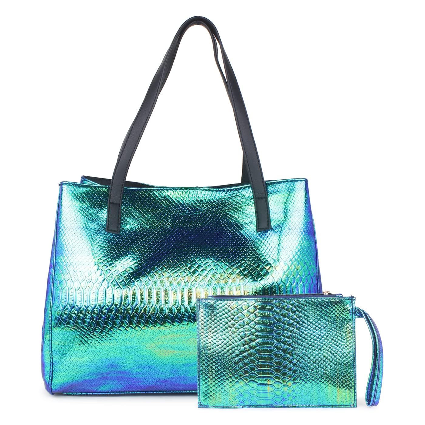 Bag Pepper Elegance Green Tote With Blue Shine Contrast Leather | A ...