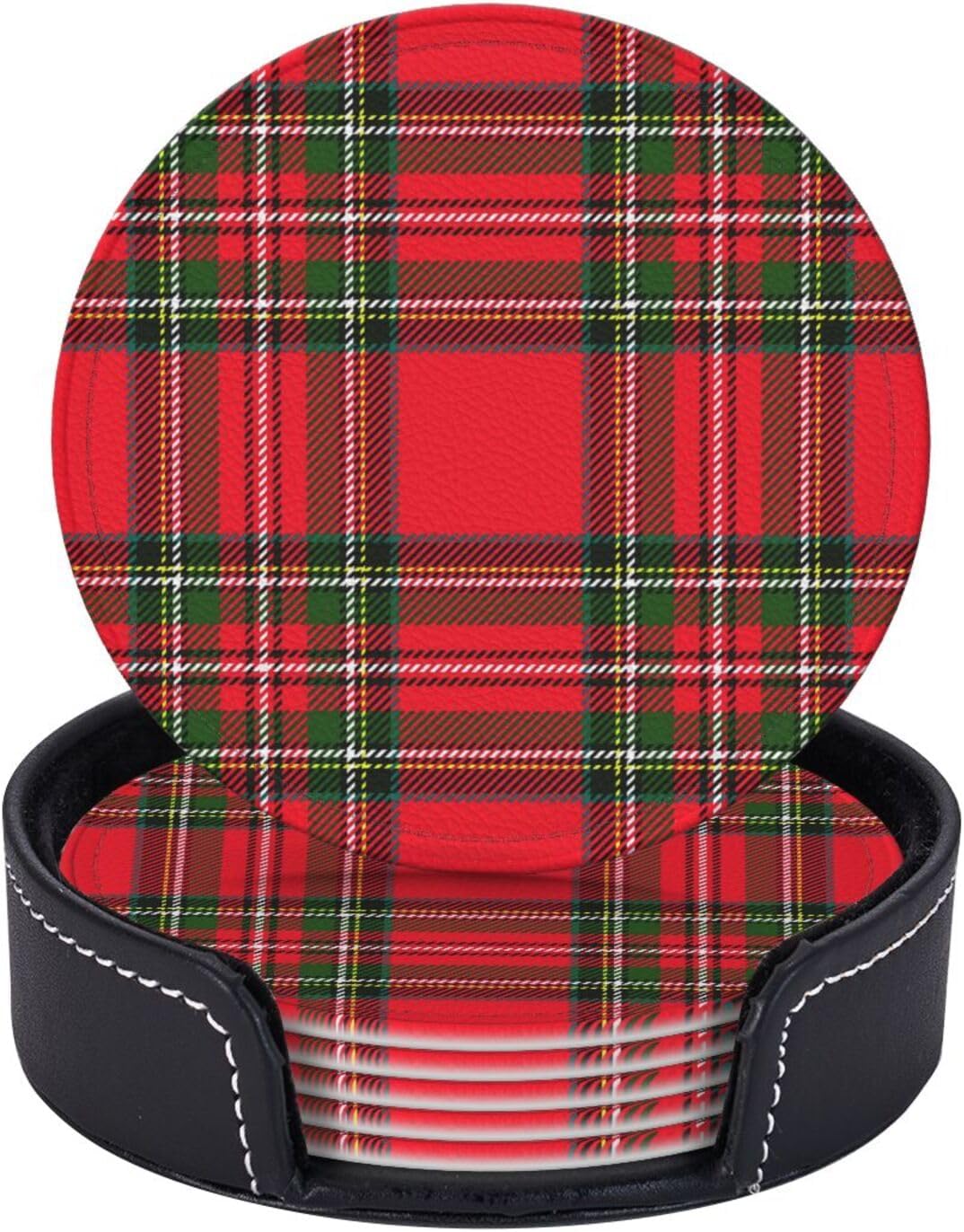 Amazon.com: 6 Pack Christmas Red Plaid Tartan Leather Coasters for ...