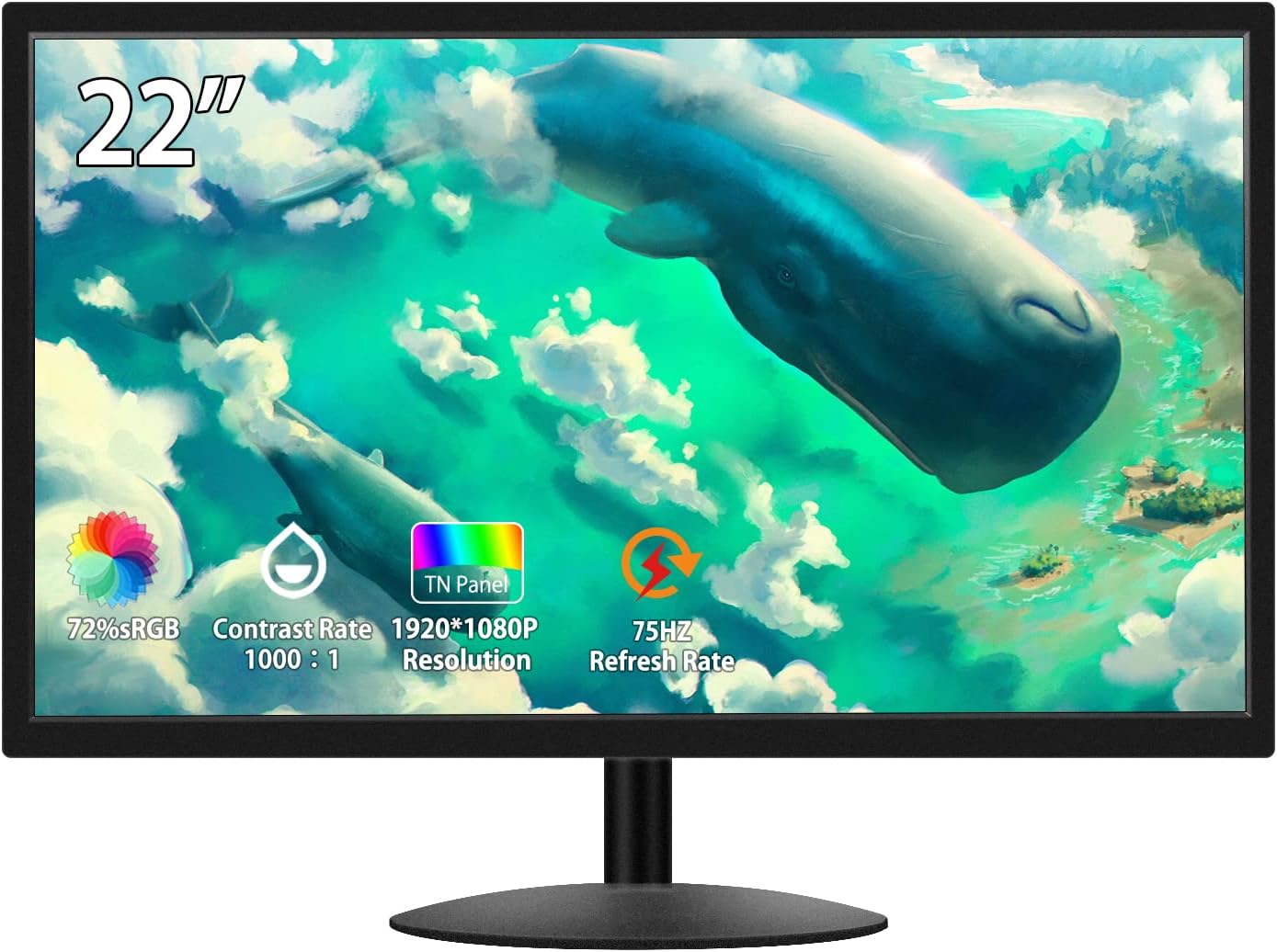 Akntzcs 22 Inch Full HD 1920 x 1080 75Hz PC Monitor with HDMI VGA Ports ...