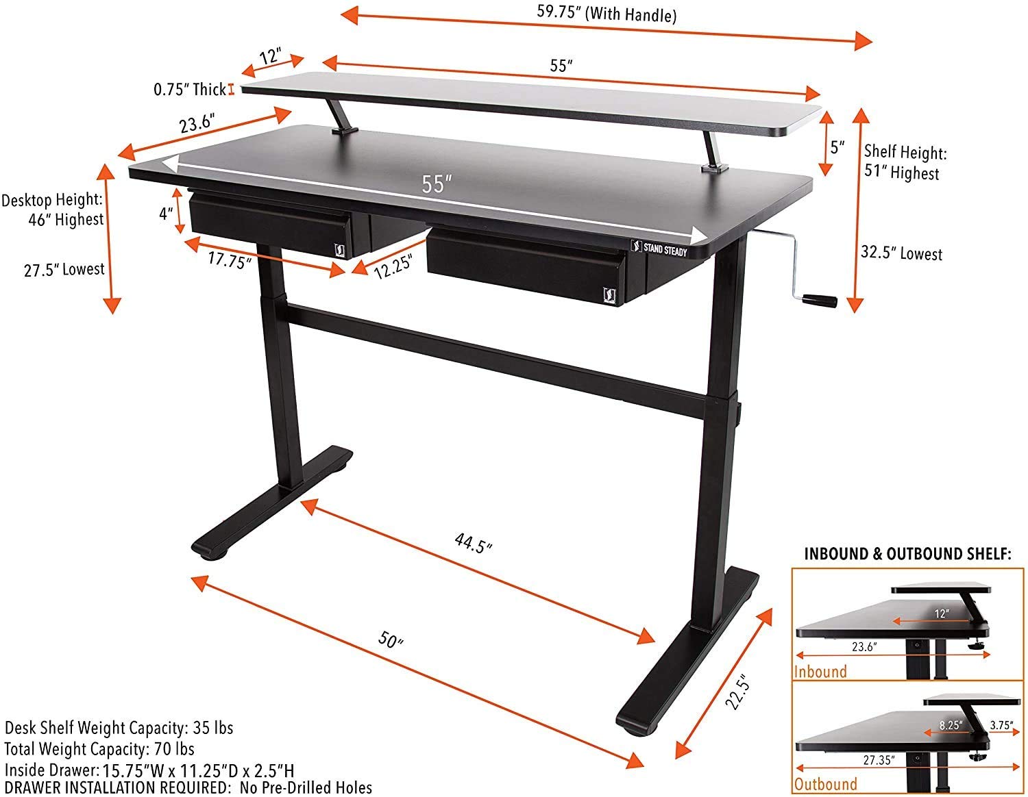 Buy Stand Steady Tranzendesk 55 Inch Standing Desk with Clamp On Shelf ...