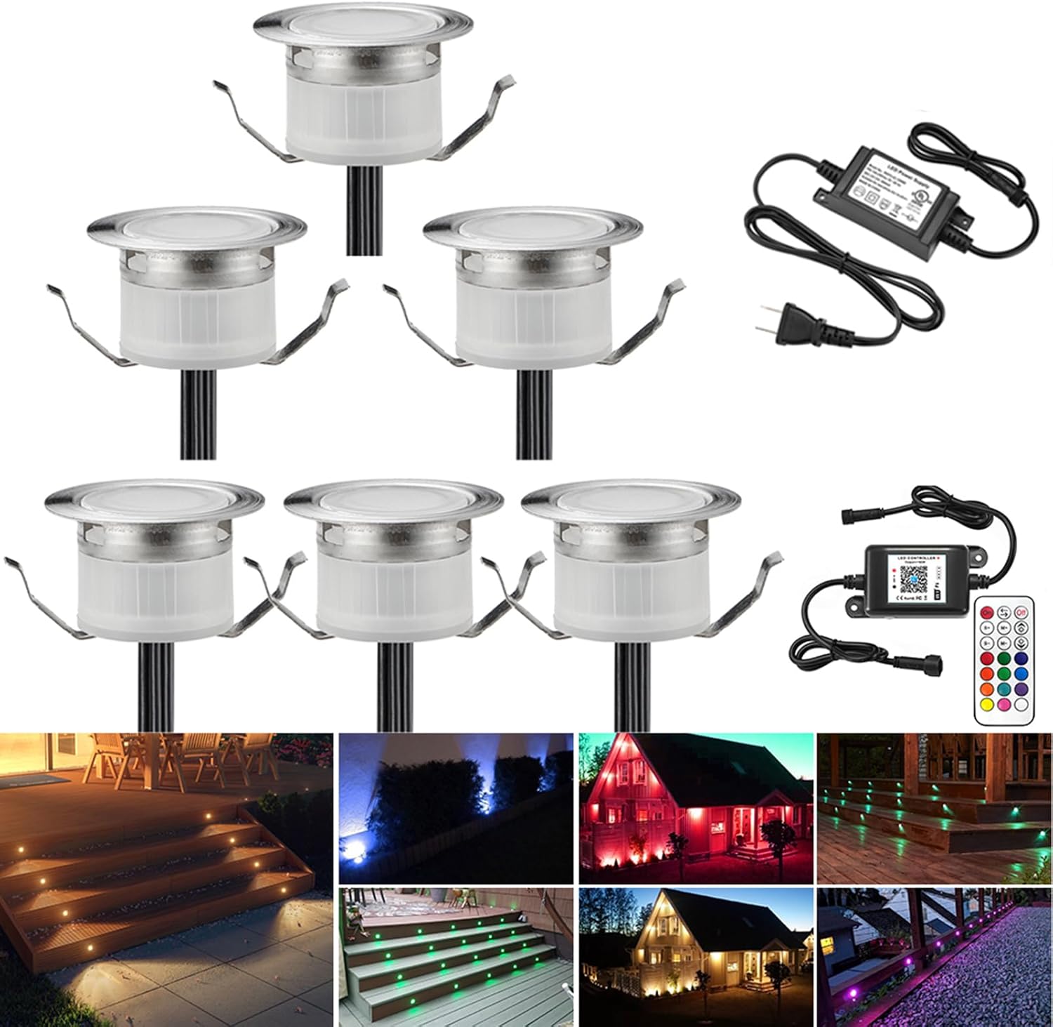 Recessed LED Deck Light Kit 6PCS, 12V Low Voltage RGB Outdoor Deck Lamp ...