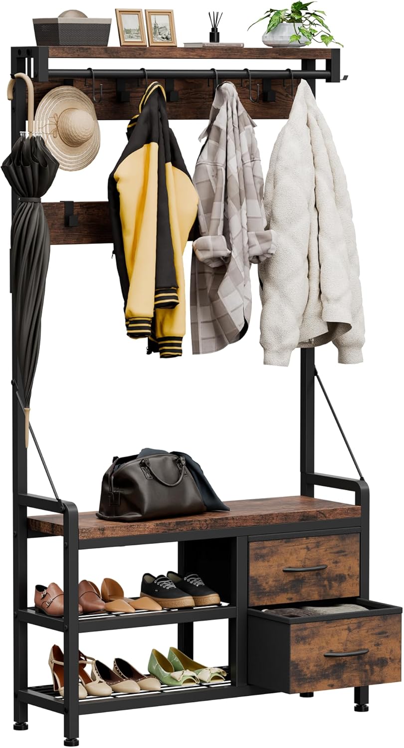 Buluri Coat Stand, 5 In 1 Design Coat and Shoe Rack with 17 Hooks & 2 ...