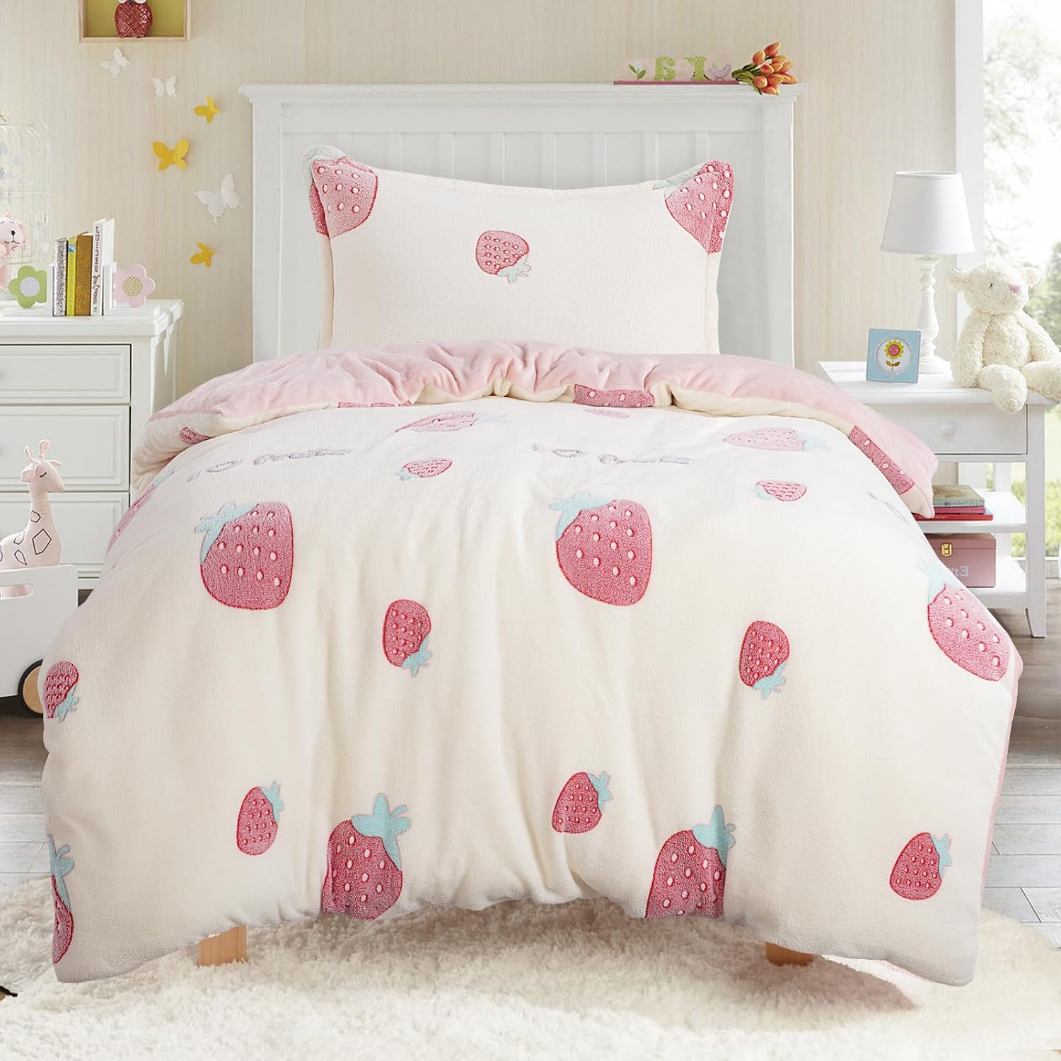 Amazon.com: HOMBYS Strawberry Pink Duvet Cover Set for Girls Twin/Twin ...