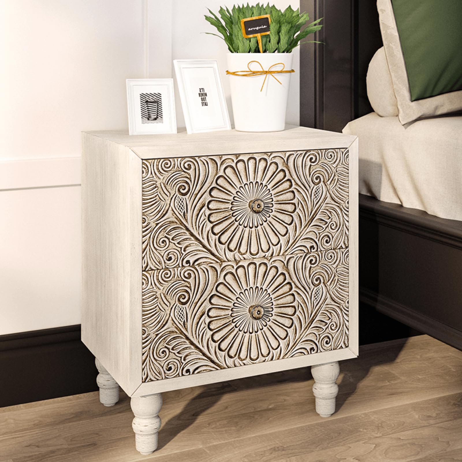 Amazon.com: HOMPUS Vintage Nightstand with 2 Pattern Carved Drawers ...