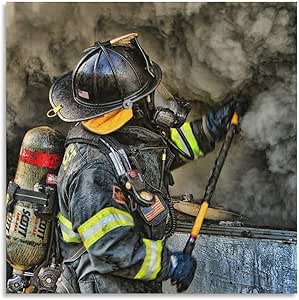Amazon.com: Firefighter Puts Out Fire Wall Art Poster Canvas Painting ...