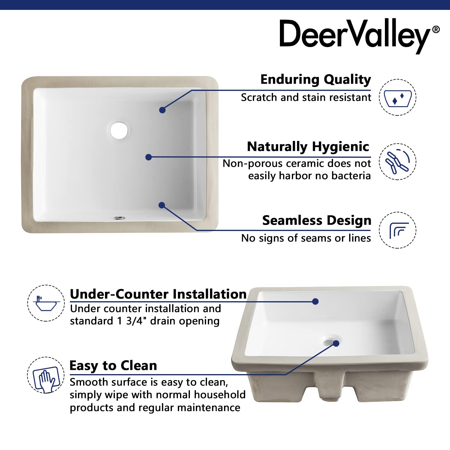 DeerValley DV-1U201 Ursa Rectangular Undermount Bathroom Sink, 20 ...