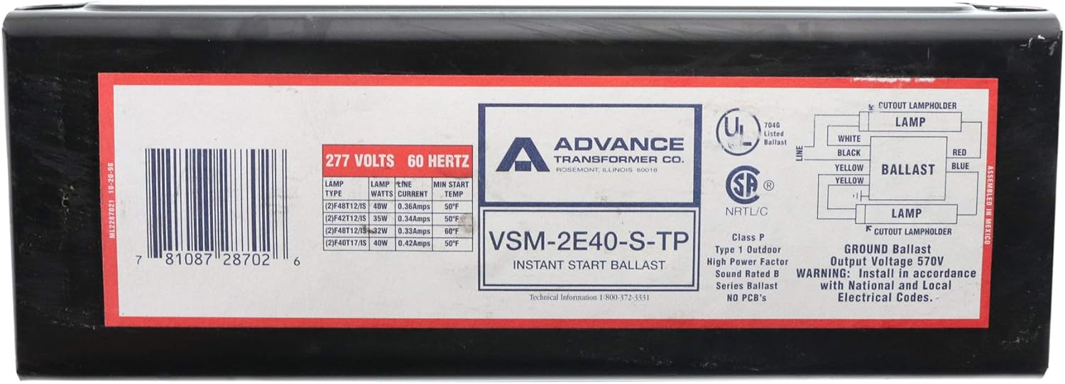 Advance VSM-2E40-S-TP Electronic Fluorescent Ballast, 2-Lamp, T12 ...