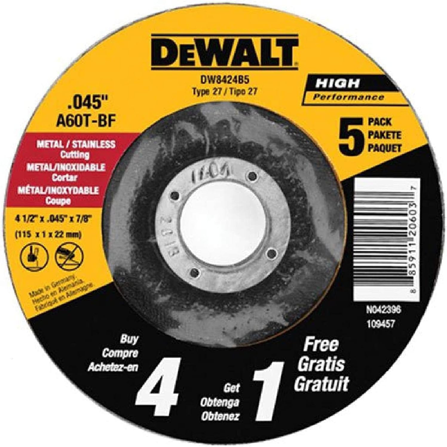 DeWalt DW8062 - Rueda de corte delgada de metal de 4-1/2 pulgadas x 045 ...