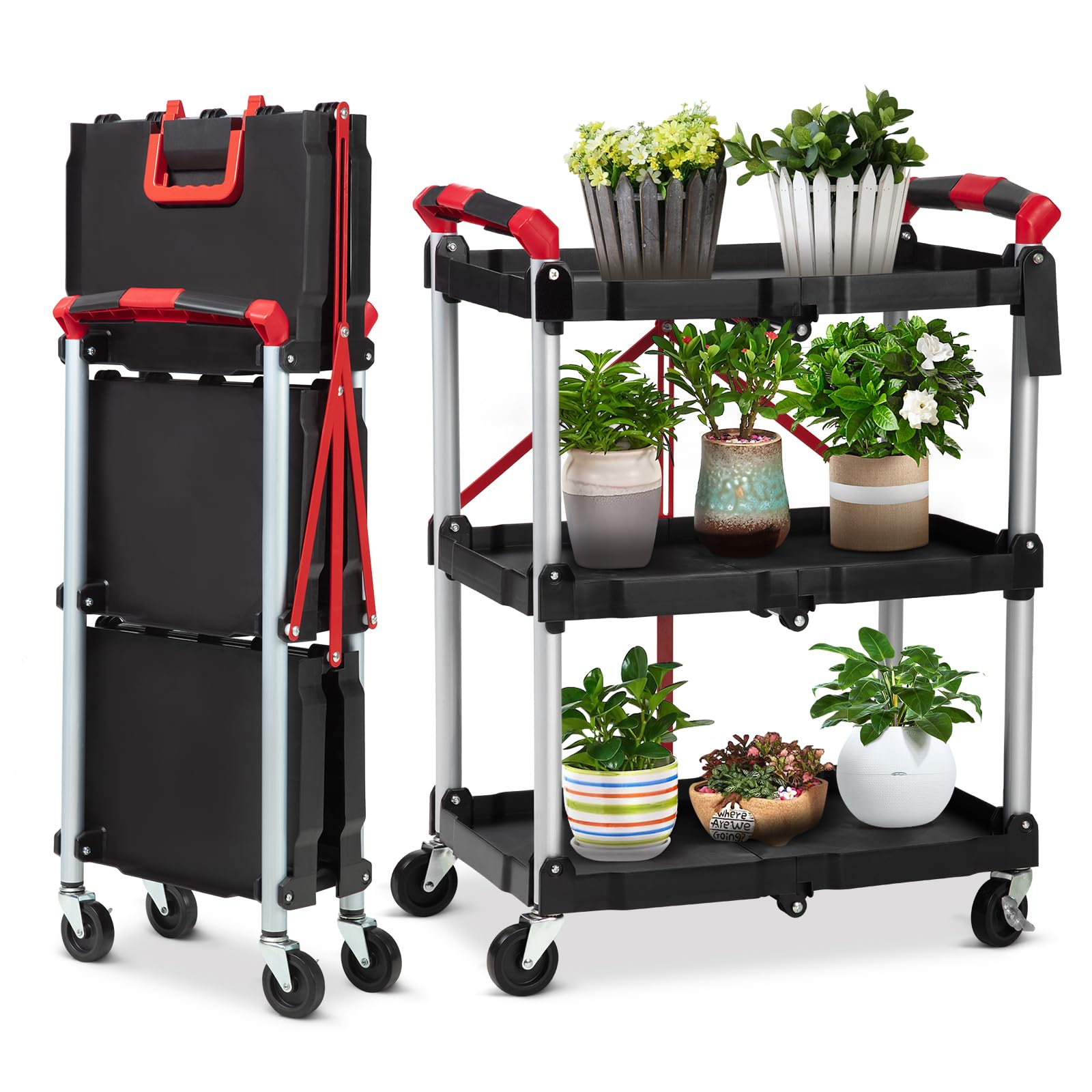 Buy Collapsible Cart with Wheels, Service Cart, Rolling Carts with Wheels Foldable, 3 Tier ...