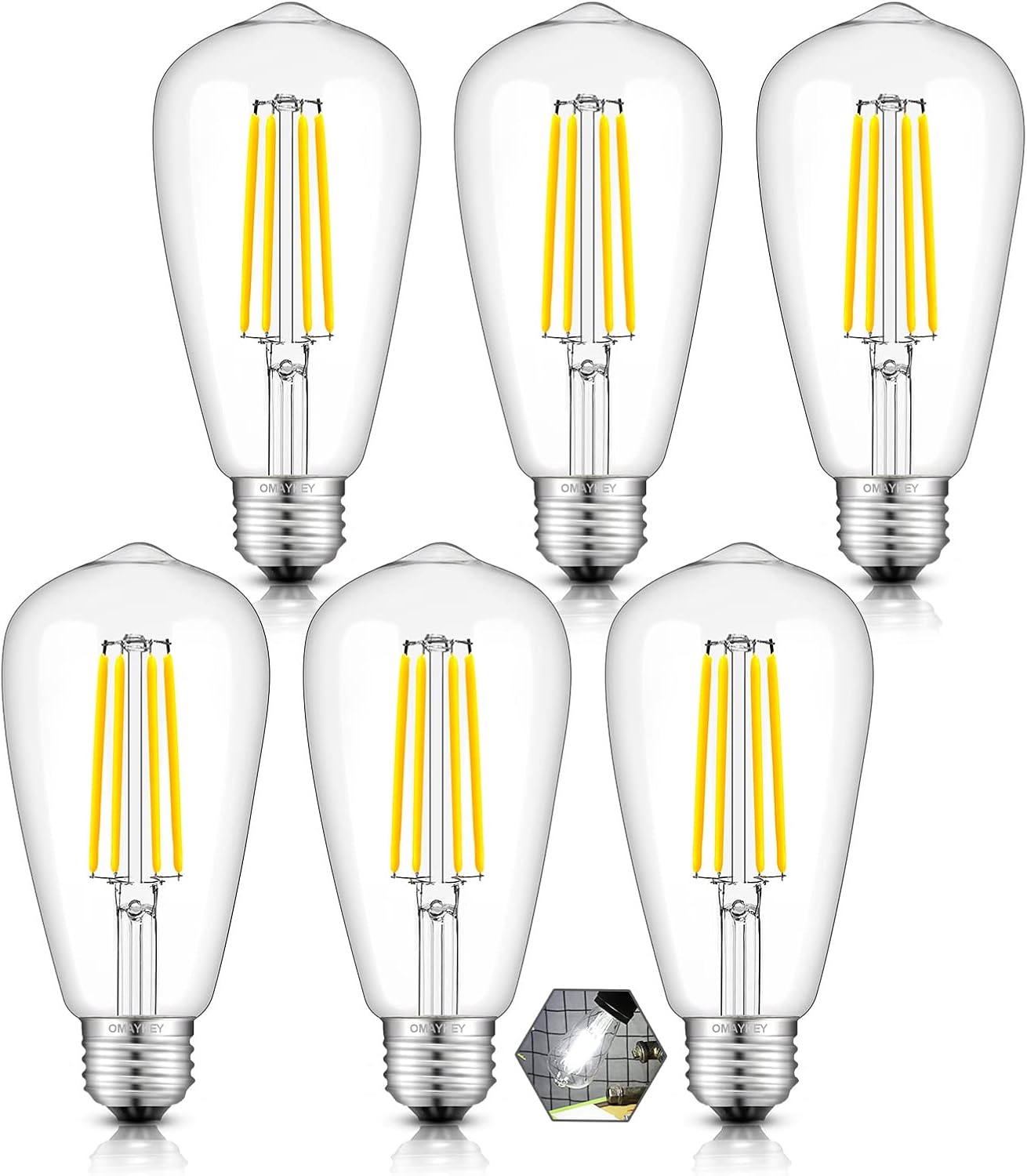 OMAYKEY LED Edison Bulb 6W 5000K Daylight White Glow, 70W Equivalent ...