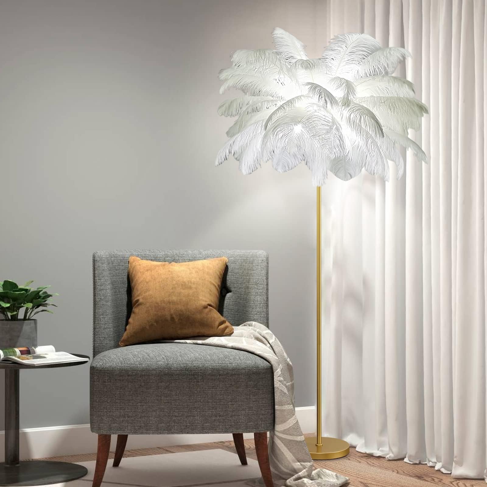 Modern and Chic Real Grey Feather Standard Floor Lamp with Satin Nickel ...