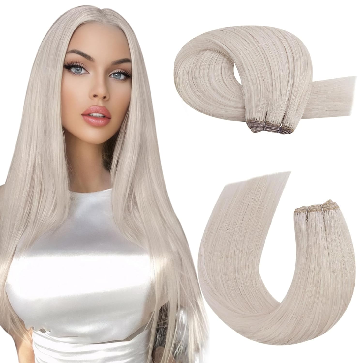 Amazon.com : Moresoo Weft Hair Extensions White Blonde Sew in Hair ...