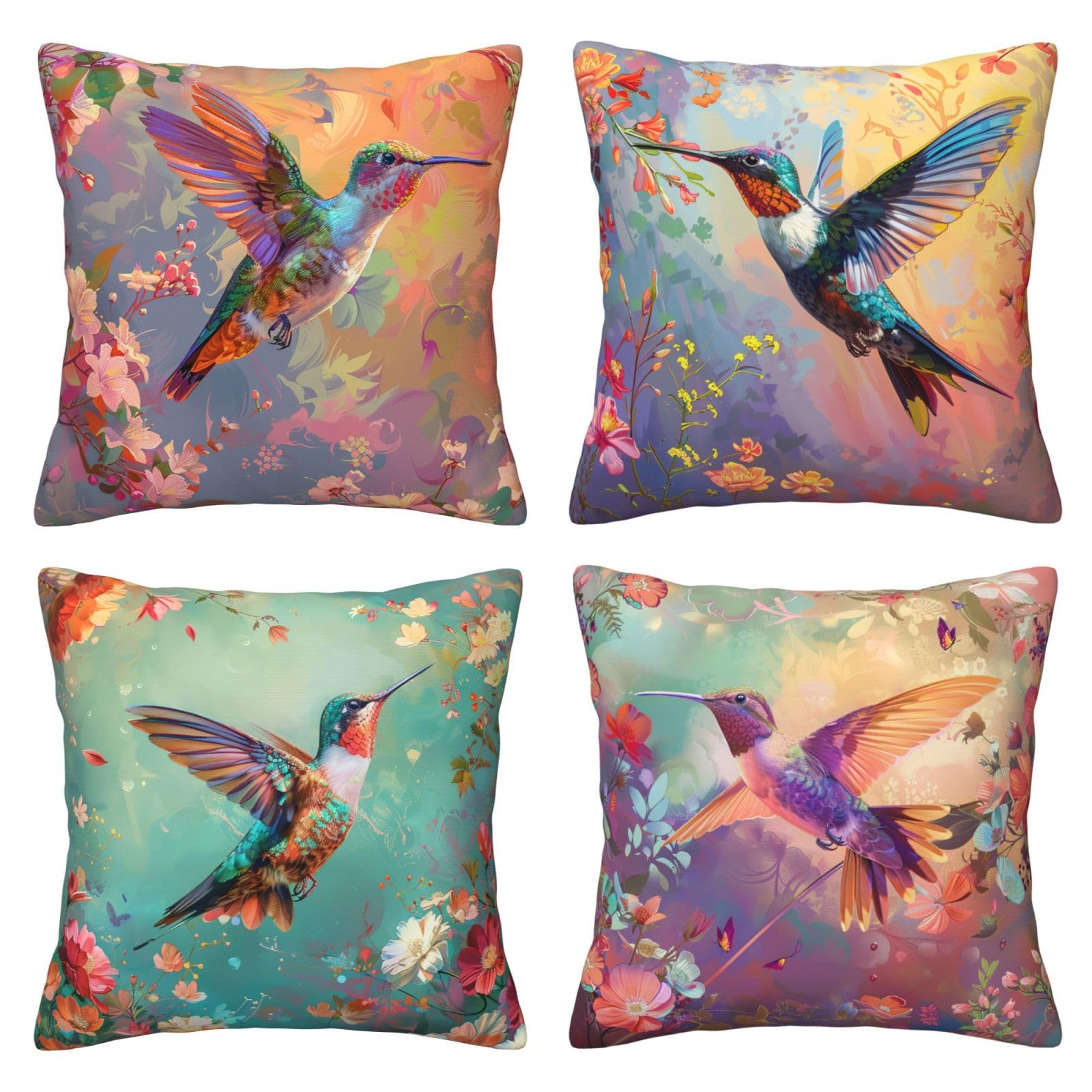 Amazon.com: Spring Hummingbird Throw Pillow Covers Set of 4 Colorful ...