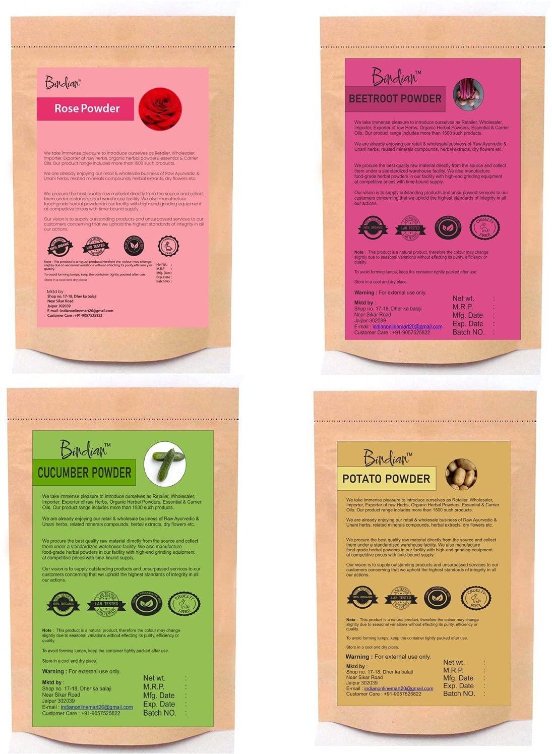 Rose Beetroot Cucumber & Potato Face Pack Powder Pack Of 04 (50gm Each ...