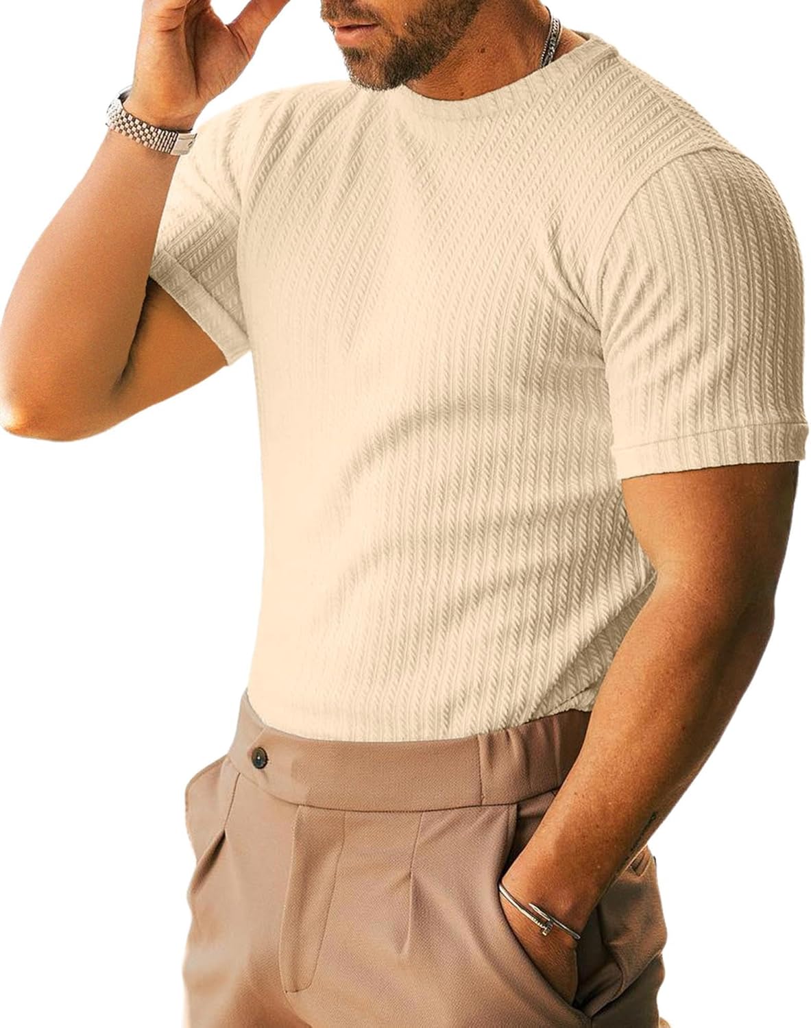 XINGCOOL Men's Ribbed Knit T-Shirts Short Sleeve Casual Crewneck Slim ...