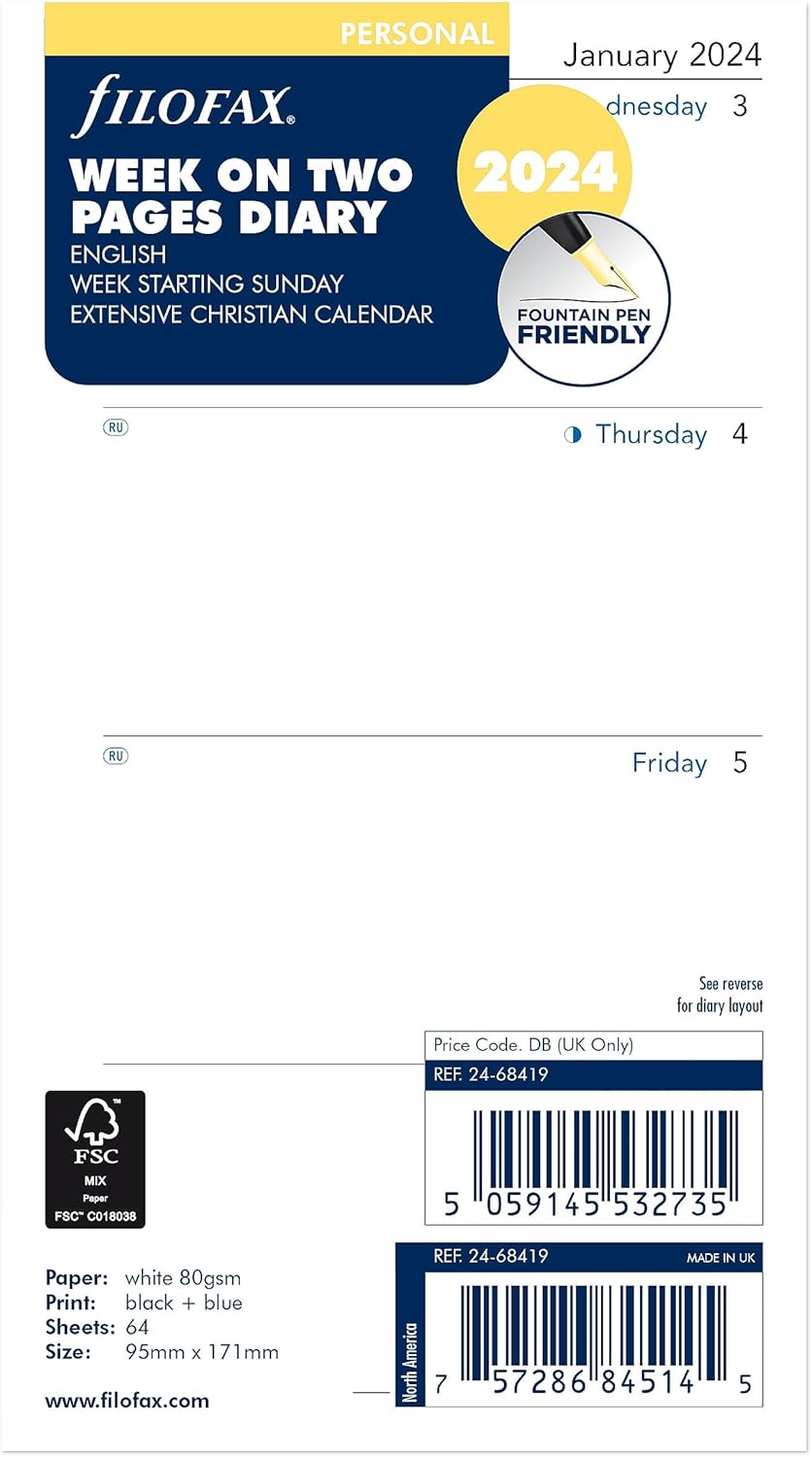 Amazon.com : Filofax Calendar Diary Refill, Personal/Compact Size, Week ...