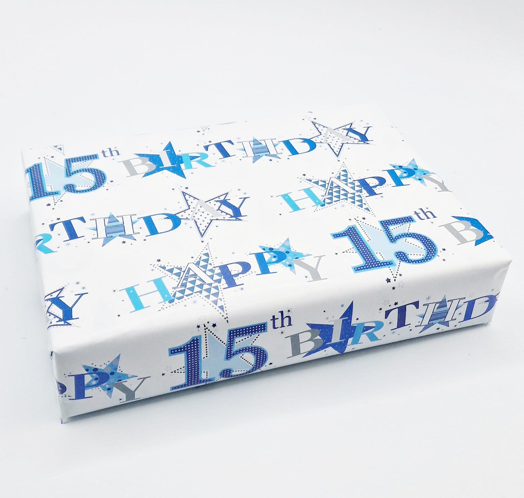 Party Angels 2 Sheets Star Design 15th Birthday Blue Boy Wrapping Paper ...