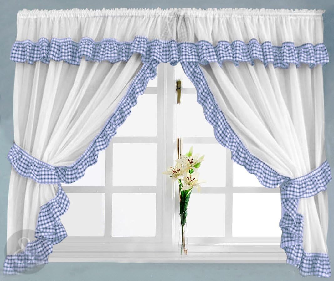 Gingham Check Kitchen Curtains - Ready Made Slot Top White Net Curtain ...