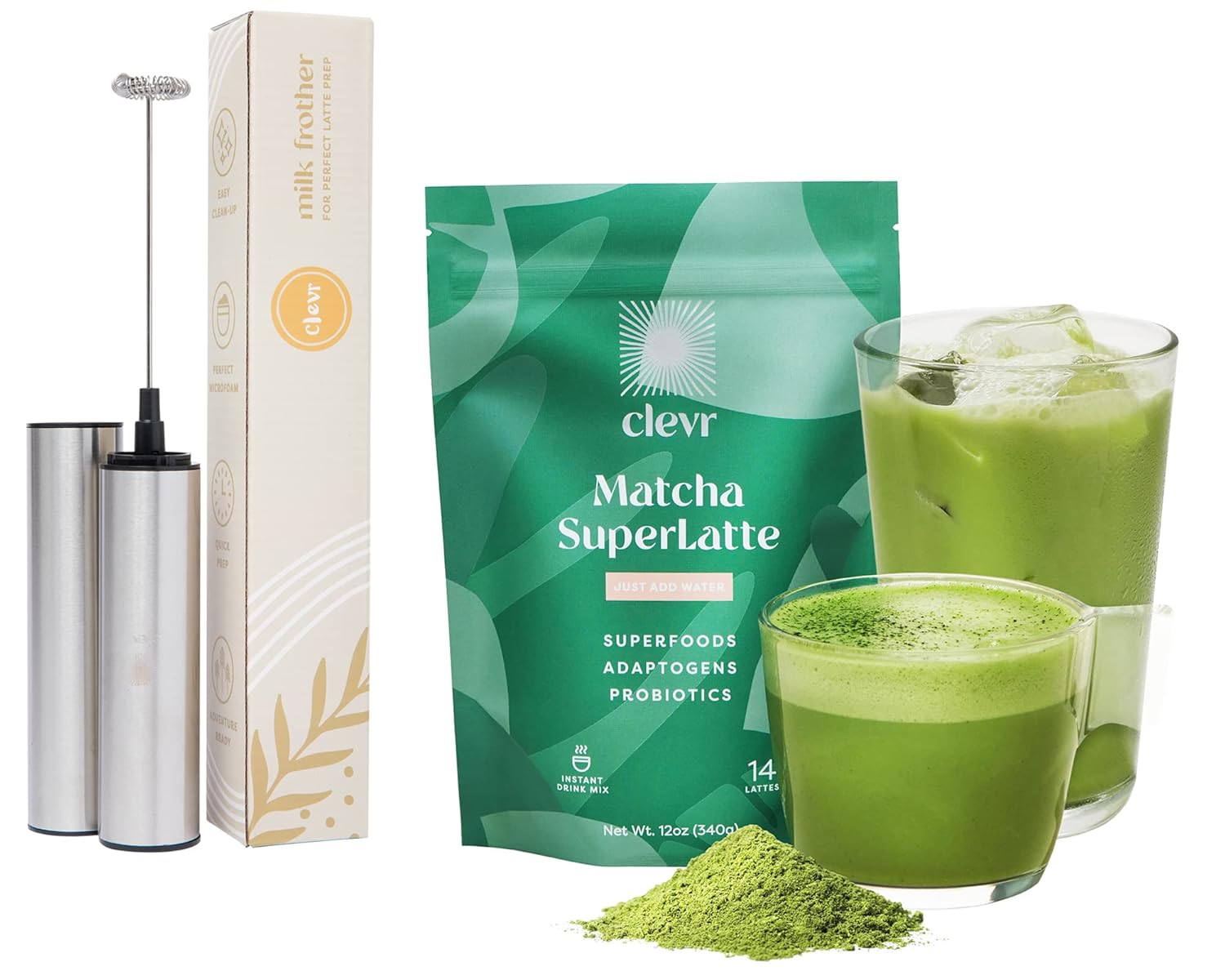 Amazon.com : Clevr Blends Matcha Green Tea Powder Oat Milk Instant Latte Mix & Frother Bundle ...