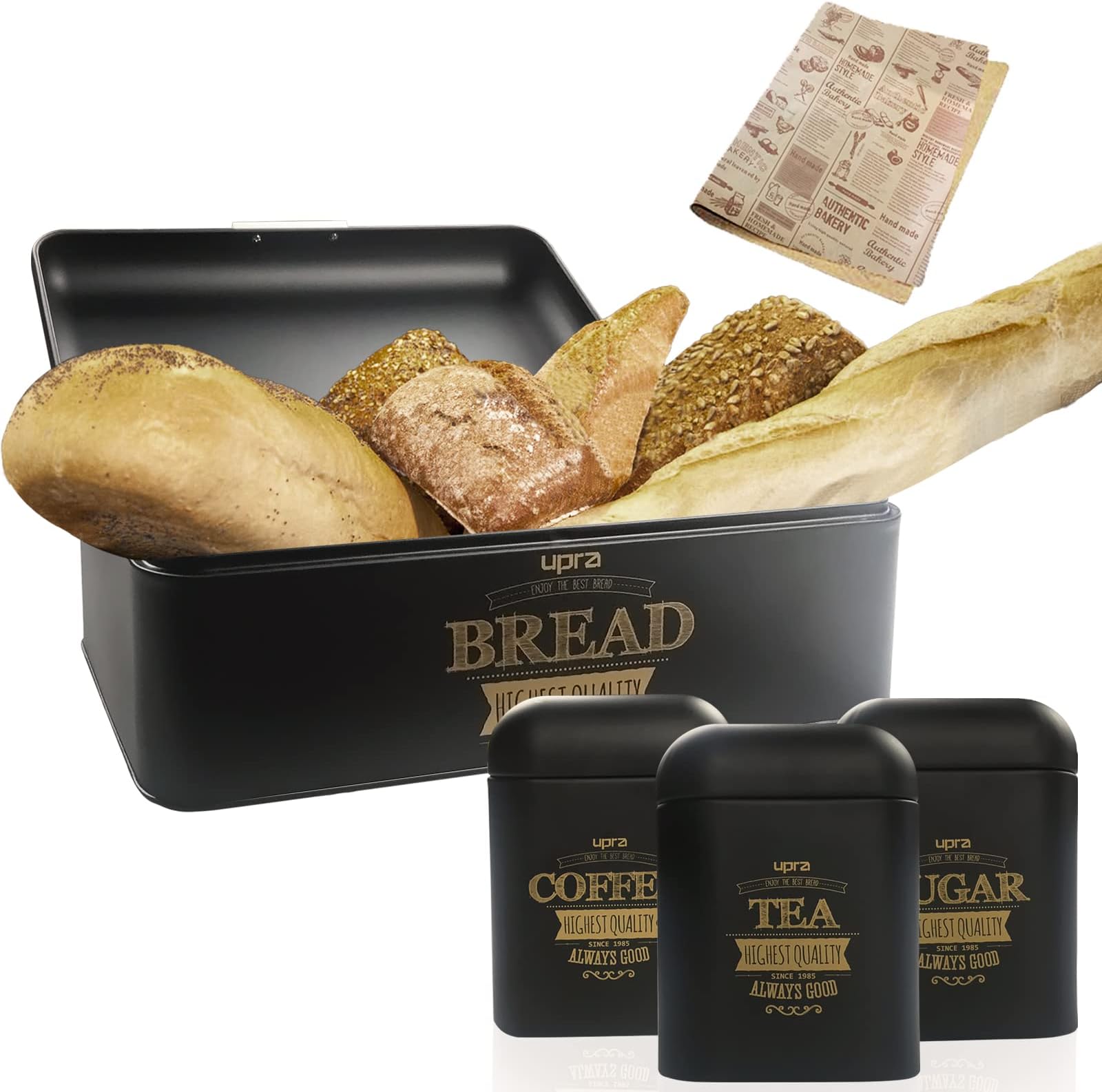 Amazon.com: upra Black Bread Box with Sugar Tea Coffee Containers Sets ...