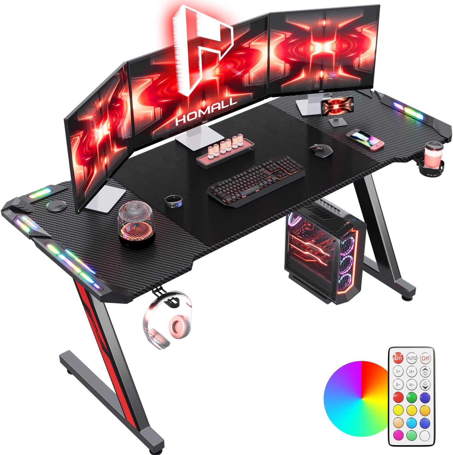 Homall Gaming Desk with LED Lights, 160 x 60cm RGB Gaming Table Z Shape, Large Computer Desk ...