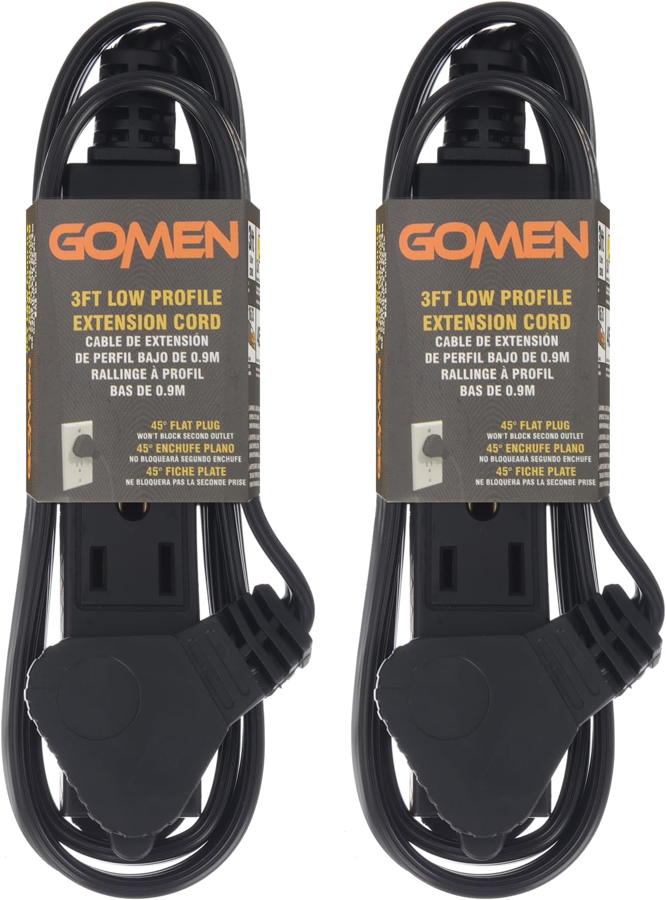 GOMEN 3 Feet Indoor Extension Cord with 3 Outlets, AWG 16/3 Angled Flat ...