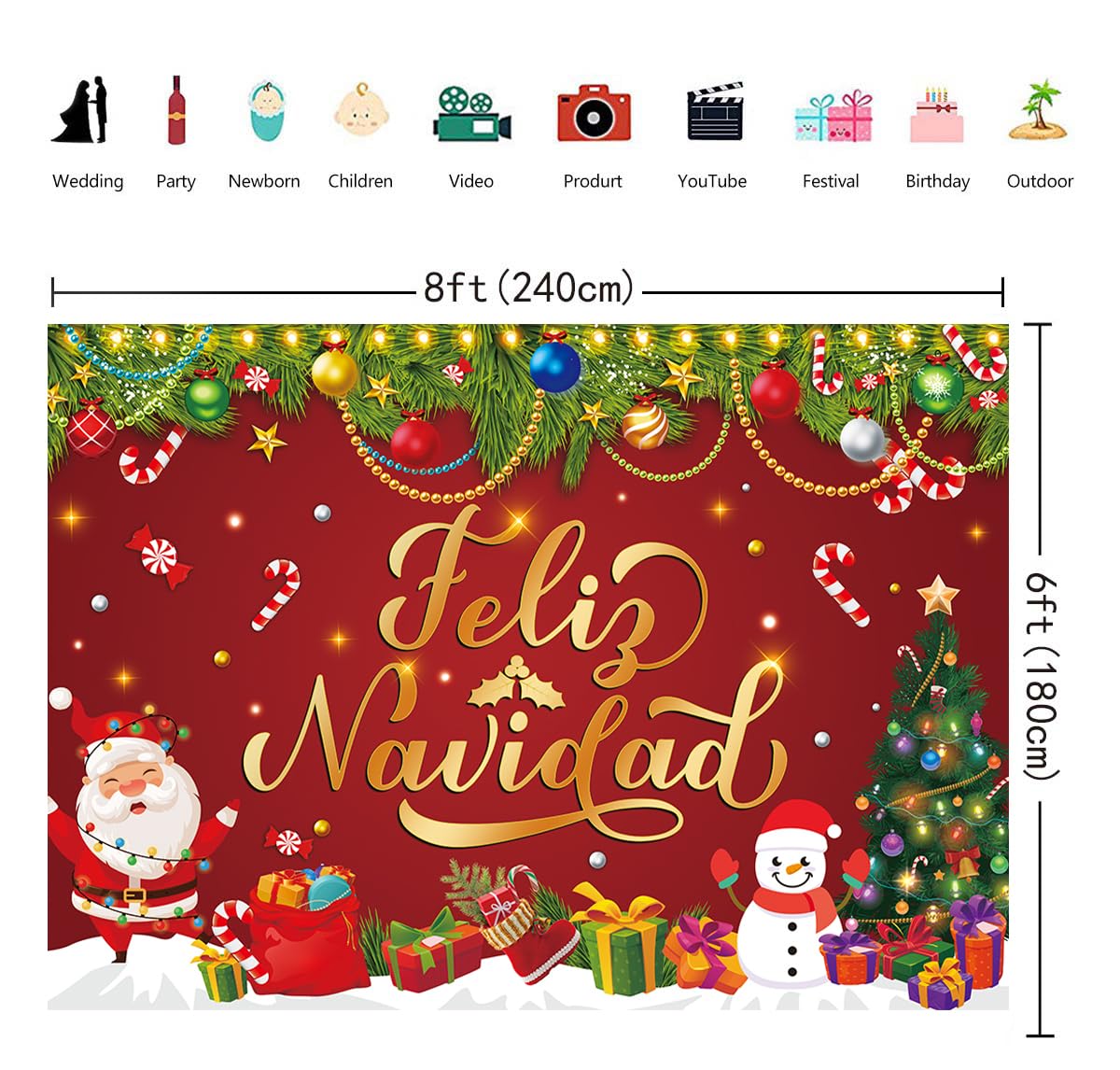 Snapklik.com : Feliz Navidad Backdrop Feliz Navidad Decorations Red Christmas Background 8x6FT ...